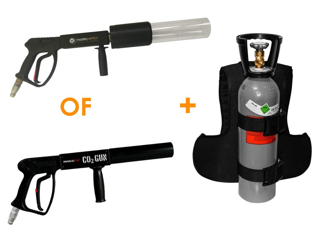 CO2 backpack set huren | Master Partys; T-shirt gun of CO2 shooter sets